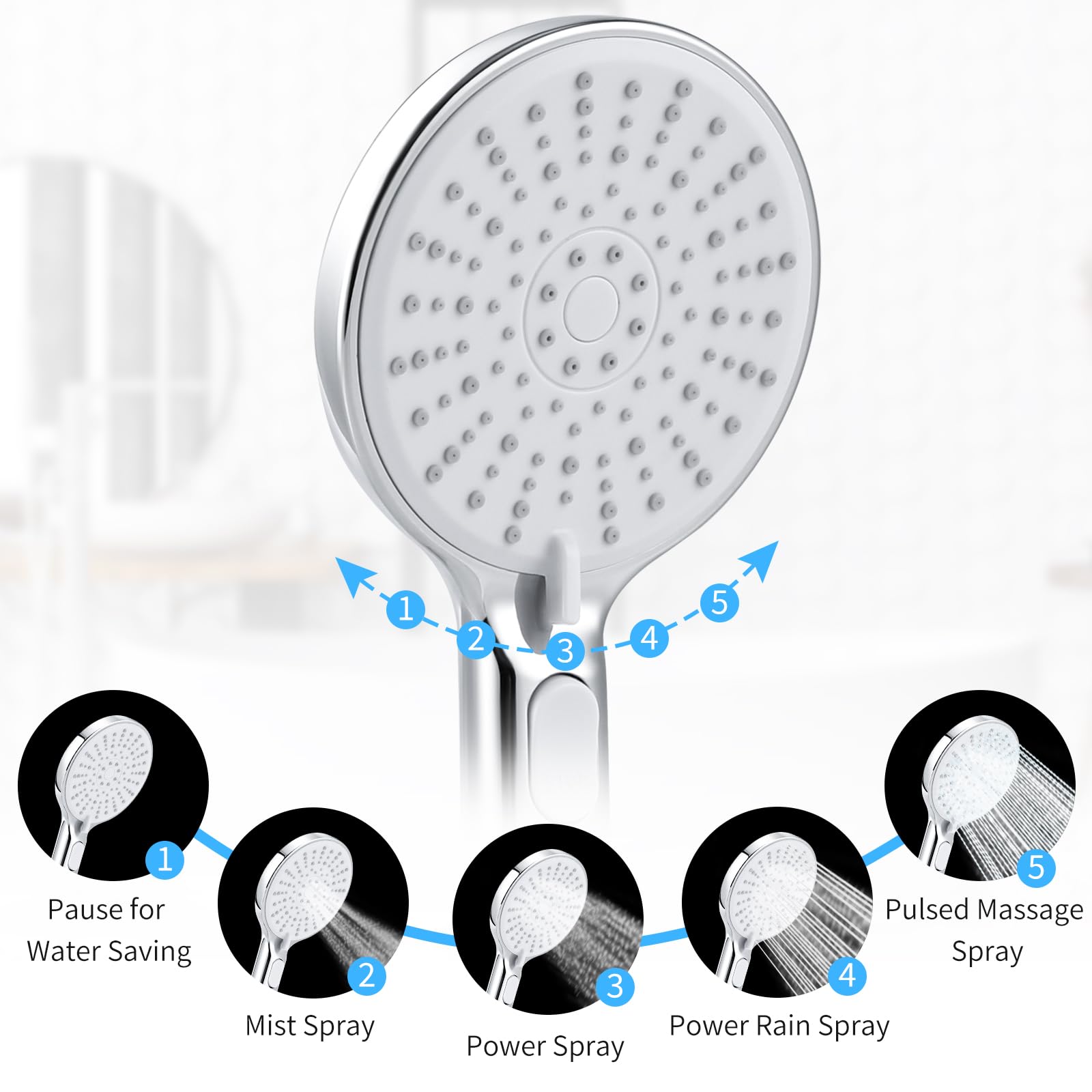 High Pressure 5-Setting Handheld Shower Head Set with 6.5ft Hose,Water-Stop Button, Bracket,Built-in Power Wash, Powerful Shower Spray against Low Pressure Water Supply Pipeline, Chrome