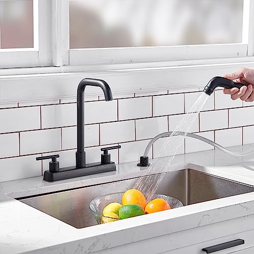 HOTIS HOME Kitchen Faucet with Sprayer, Matte Black 3 Or 4 Hole Kitchen Faucet, Stainless Steel Kitchen Faucets for Sink 3 Hole, High Arc 360 Swivel 2 Handle Kitchen Sink Faucet