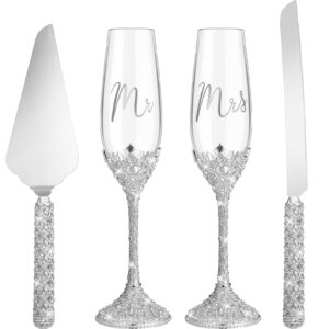 sratte 4 pcs wedding cake knife and champagne flutes server set, toasting crystal rhinestone champagne flutes glasses cake knife pie server wedding gifts for couple bride groom (silver,elegant)