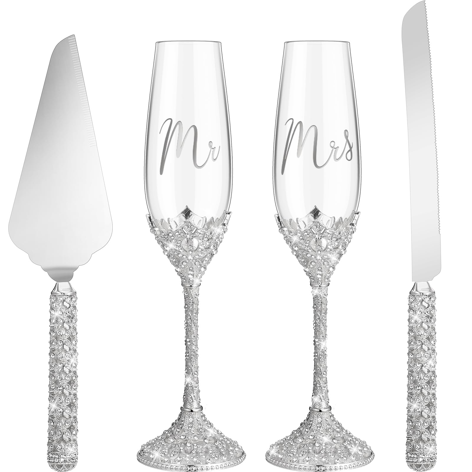 Sratte 4 Pcs Wedding Cake Knife and Champagne Flutes Server Set, Toasting Crystal Rhinestone Champagne Flutes Glasses Cake Knife Pie Server Wedding Gifts for Couple Bride Groom (Silver,Elegant)