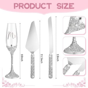 Sratte 4 Pcs Wedding Cake Knife and Champagne Flutes Server Set, Toasting Crystal Rhinestone Champagne Flutes Glasses Cake Knife Pie Server Wedding Gifts for Couple Bride Groom (Silver,Elegant)