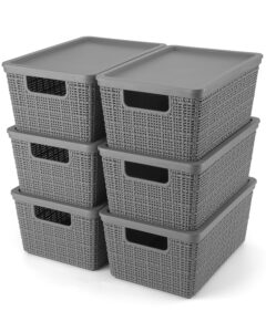 eoenvivs plastic storage basket with lids set of 6 lidded storage bins shelf baskets for organizing containers small baskets for shelves drawers desktop closet playroom classroom office, grey