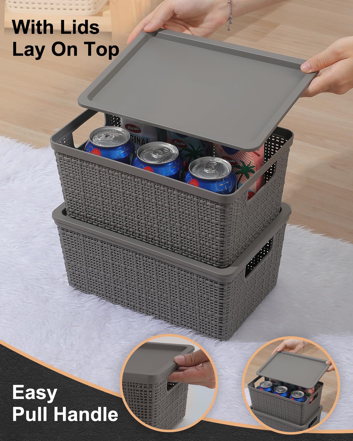 EOENVIVS Plastic Storage Basket with Lids Set of 6 Lidded Storage Bins Shelf Baskets for Organizing Containers Small Baskets for Shelves Drawers Desktop Closet Playroom Classroom Office, Grey