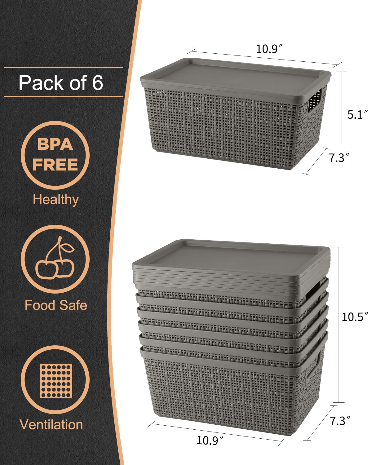 EOENVIVS Plastic Storage Basket with Lids Set of 6 Lidded Storage Bins Shelf Baskets for Organizing Containers Small Baskets for Shelves Drawers Desktop Closet Playroom Classroom Office, Grey