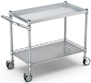 leteuke 2 tier utility cart with wheels, nsf certified 900lbs capacity heavy duty rolling utility carts with handle bar, commercial grade metal serving storage cart for warehouse garage kitchen,silver