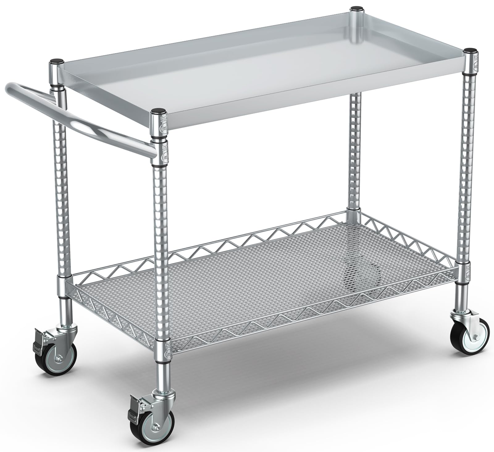 Leteuke 2 Tier Utility Cart with Wheels, NSF Certified 900LBS Capacity Heavy Duty Rolling Utility Carts with Handle Bar, Commercial Grade Metal Serving Storage Cart for Warehouse Garage Kitchen,Silver