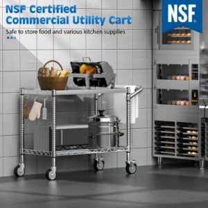 Leteuke 2 Tier Utility Cart with Wheels, NSF Certified 900LBS Capacity Heavy Duty Rolling Utility Carts with Handle Bar, Commercial Grade Metal Serving Storage Cart for Warehouse Garage Kitchen,Silver