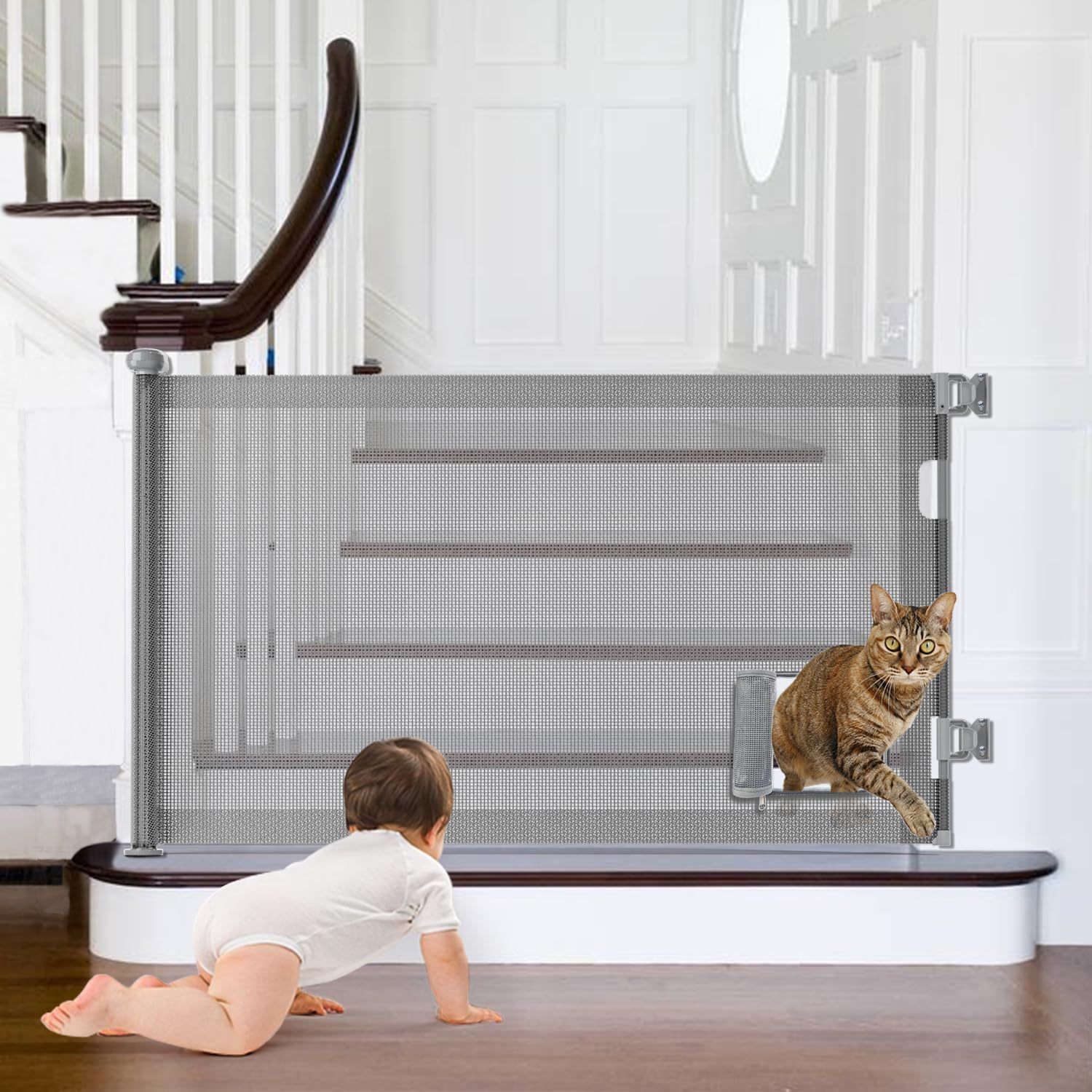 GROWNSY Retractable Baby Gates, Pet Gate with Cat Door - 33" Tall, Extends to 55" Wide Dog Gate for Stairs, Mesh Baby Gate with Door for Cats/Small Dogs, Easy Install for Doorways, Indoor &Outdoor