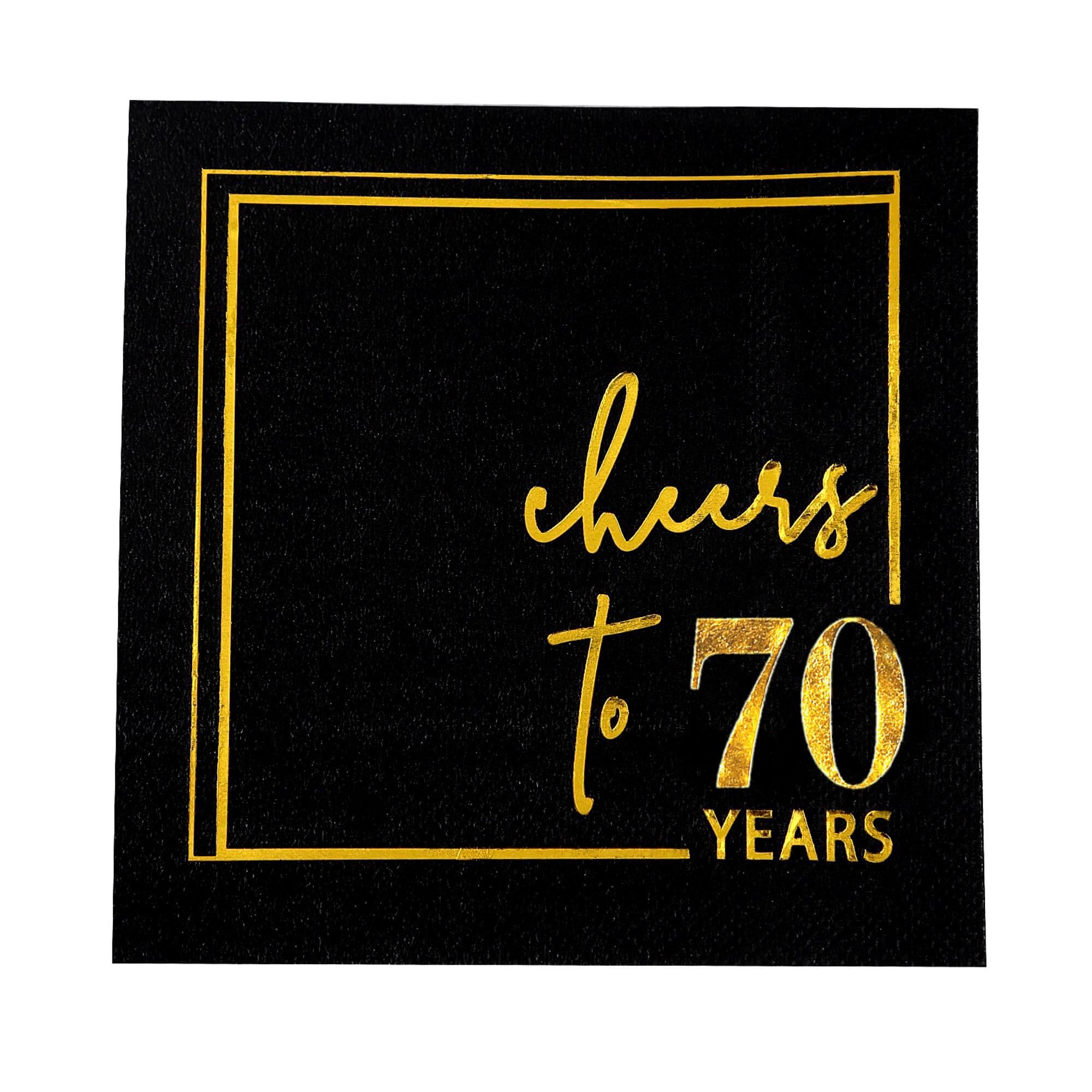 Cheers to 70 Years Cocktail Napkins - 50PK - 3-Ply 70th Birthday Napkins 5x5 Inches Disposable Party Napkins Paper Beverage Napkins for 70th Birthday Decorations Wedding Anniversary Black and Gold