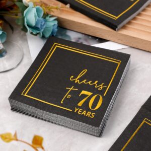 Cheers to 70 Years Cocktail Napkins - 50PK - 3-Ply 70th Birthday Napkins 5x5 Inches Disposable Party Napkins Paper Beverage Napkins for 70th Birthday Decorations Wedding Anniversary Black and Gold