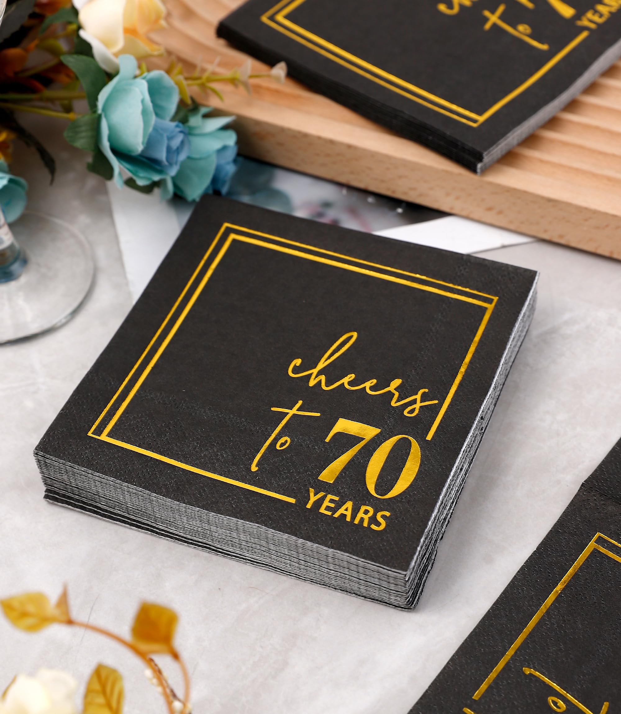 Cheers to 70 Years Cocktail Napkins - 50PK - 3-Ply 70th Birthday Napkins 5x5 Inches Disposable Party Napkins Paper Beverage Napkins for 70th Birthday Decorations Wedding Anniversary Black and Gold