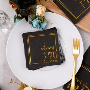 Cheers to 70 Years Cocktail Napkins - 50PK - 3-Ply 70th Birthday Napkins 5x5 Inches Disposable Party Napkins Paper Beverage Napkins for 70th Birthday Decorations Wedding Anniversary Black and Gold