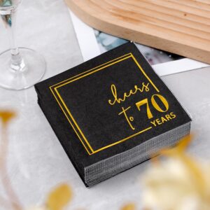 Cheers to 70 Years Cocktail Napkins - 50PK - 3-Ply 70th Birthday Napkins 5x5 Inches Disposable Party Napkins Paper Beverage Napkins for 70th Birthday Decorations Wedding Anniversary Black and Gold