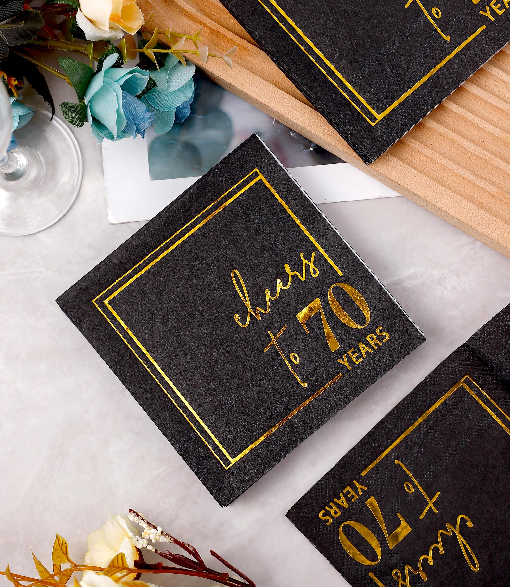 Cheers to 70 Years Cocktail Napkins - 50PK - 3-Ply 70th Birthday Napkins 5x5 Inches Disposable Party Napkins Paper Beverage Napkins for 70th Birthday Decorations Wedding Anniversary Black and Gold