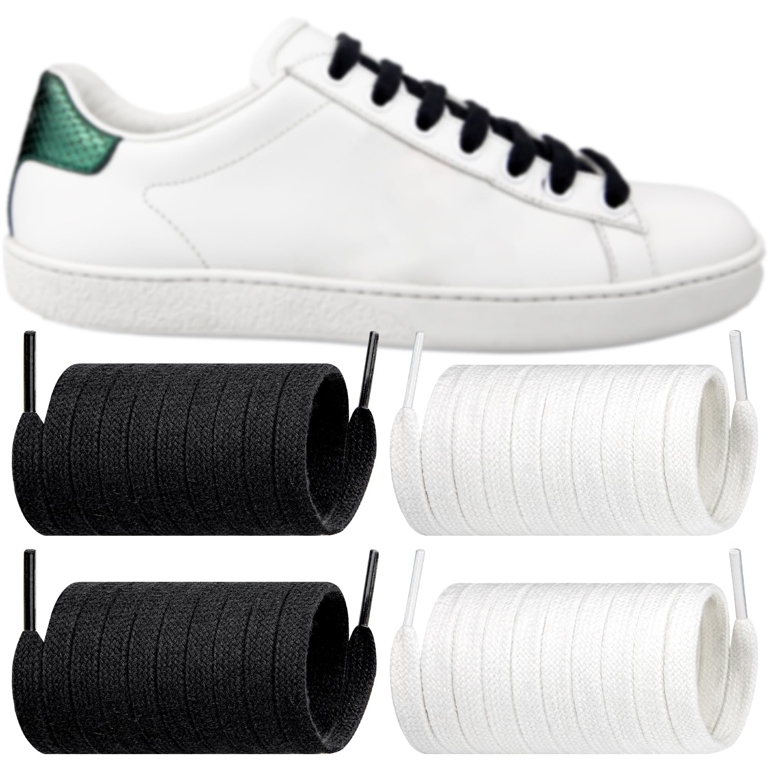 Endoto 2 Pairs Shoelaces Replacement Flat Laces for Gucci Ace, Gazelle, GG, Tennis 1977, Rhyton Sneaker Shoes(Color:Black+White,Size:47Inch)