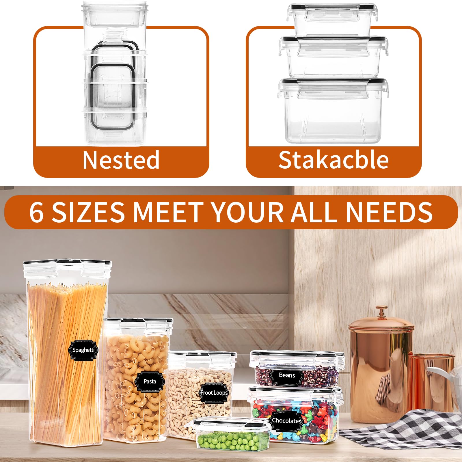 Skroam 36 Pack Airtight Food Storage Containers for Kitchen Pantry Organization and Storage, BPA Free, Plastic Kitchen Storage Containers with Lids for Flour, Sugar, and Cereal, Labels & Marker