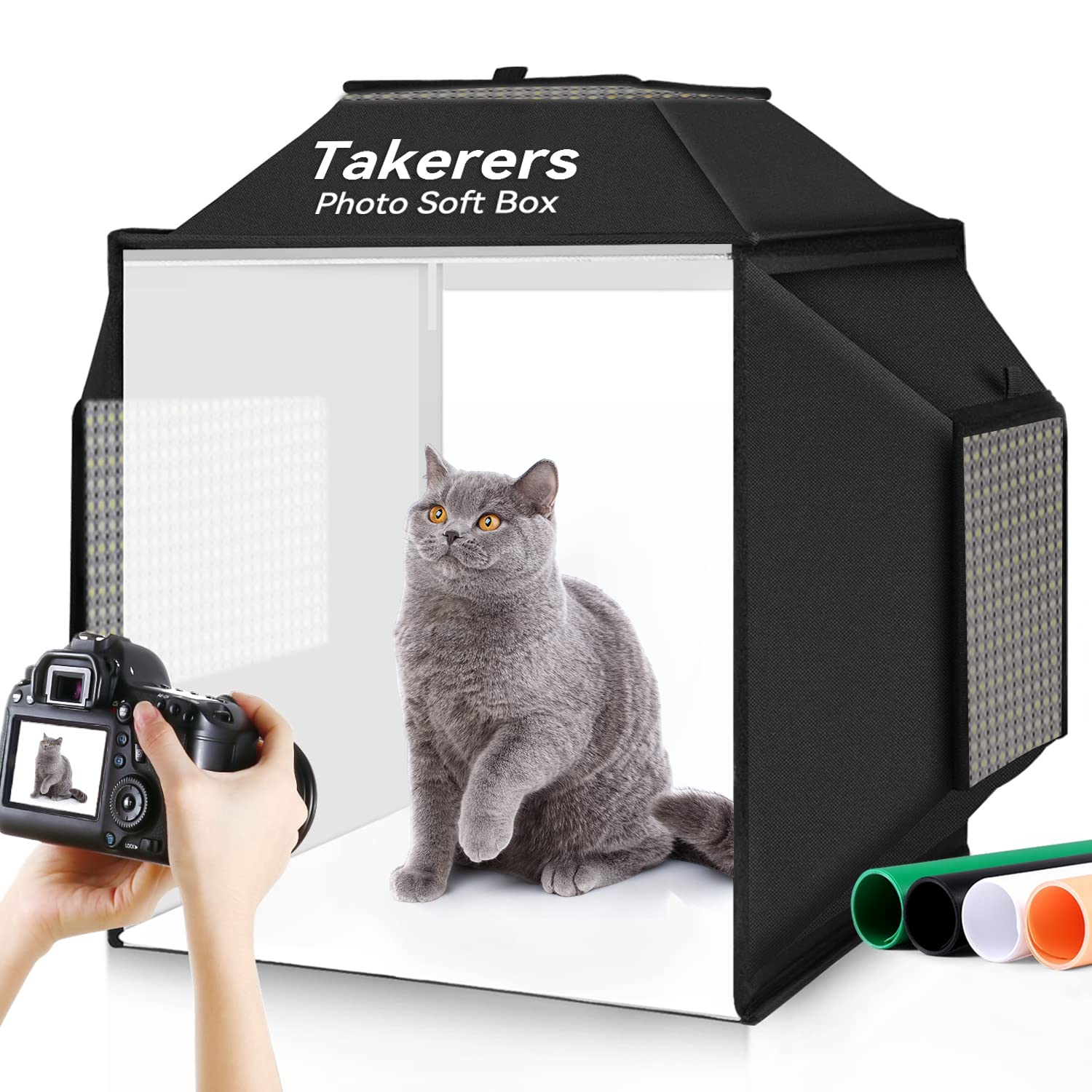 Takerers 16"x16" Photo Studio Light Box Photography, 480 LED Product Lightbox with 3 5500K Stepless Dimming Light Panels, Professional Photo Background Shooting Tent with 4 Color Backdrops