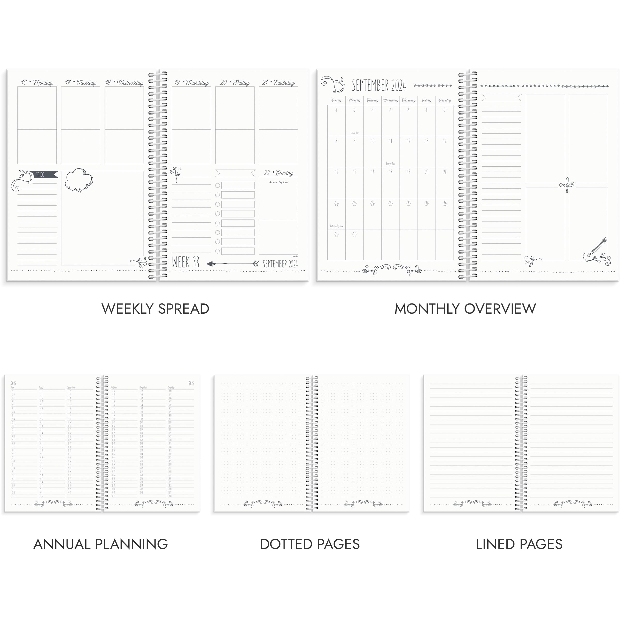 Burde Planner 2024 Doodle | 11 December 2023 - 5 January 2025 | 8,3x5,8 IN A5 Format | 12 Month Diary | Weekly Planner Monthly & Yearly Overview | Hardcover, Thick paper