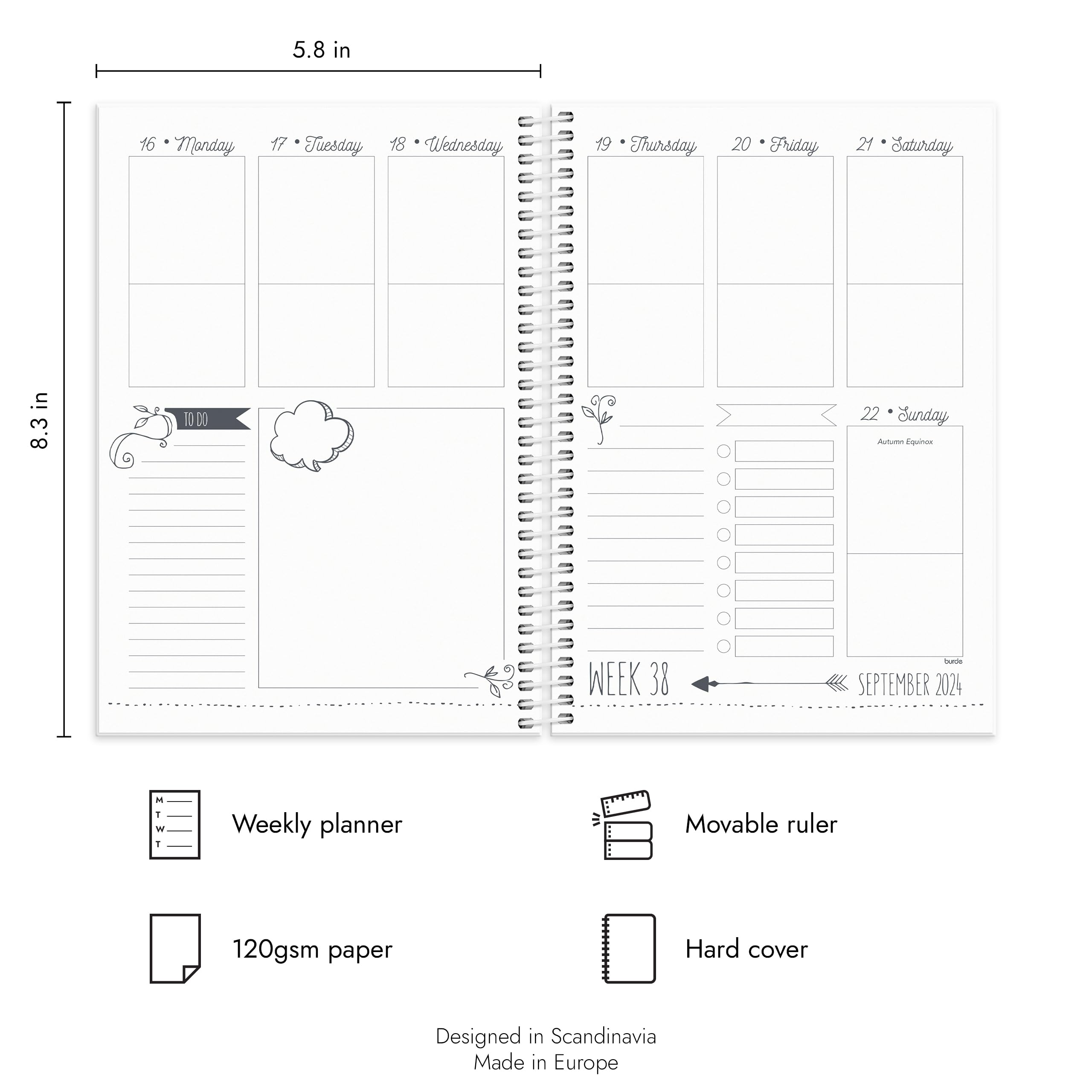 Burde Planner 2024 Doodle | 11 December 2023 - 5 January 2025 | 8,3x5,8 IN A5 Format | 12 Month Diary | Weekly Planner Monthly & Yearly Overview | Hardcover, Thick paper