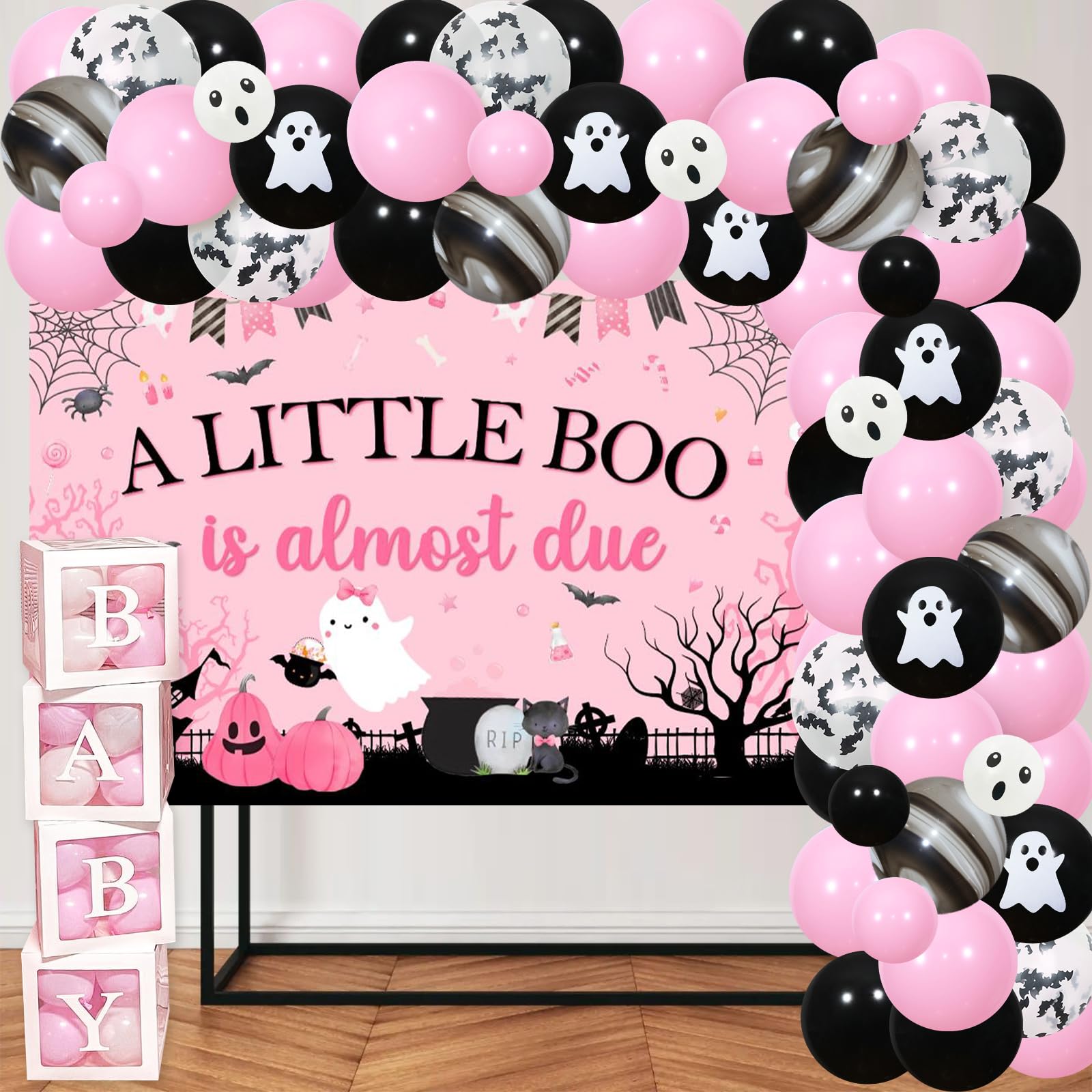 Halloween Baby Shower Decorations for Girl, A Little Boo is Almost Due Baby Shower Decorations, Halloween Balloon Garland with Baby Boxes for Pink Black Little Boo Party Decor