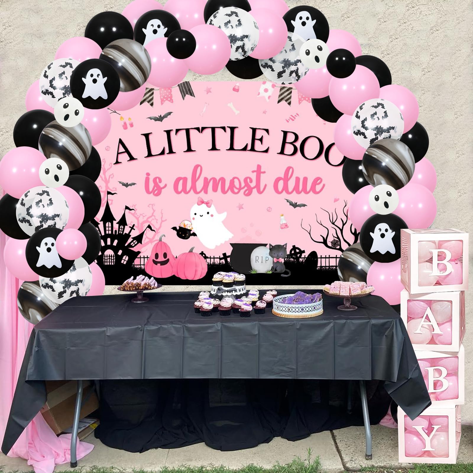 Halloween Baby Shower Decorations for Girl, A Little Boo is Almost Due Baby Shower Decorations, Halloween Balloon Garland with Baby Boxes for Pink Black Little Boo Party Decor