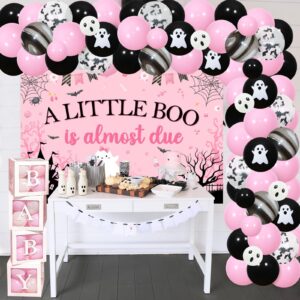 Halloween Baby Shower Decorations for Girl, A Little Boo is Almost Due Baby Shower Decorations, Halloween Balloon Garland with Baby Boxes for Pink Black Little Boo Party Decor