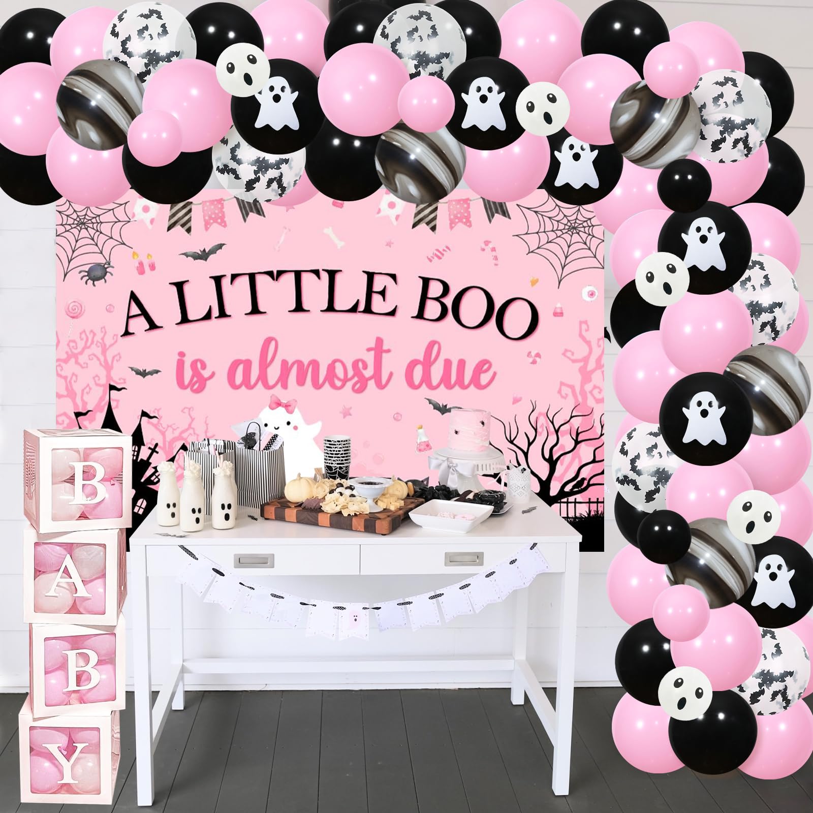 Halloween Baby Shower Decorations for Girl, A Little Boo is Almost Due Baby Shower Decorations, Halloween Balloon Garland with Baby Boxes for Pink Black Little Boo Party Decor