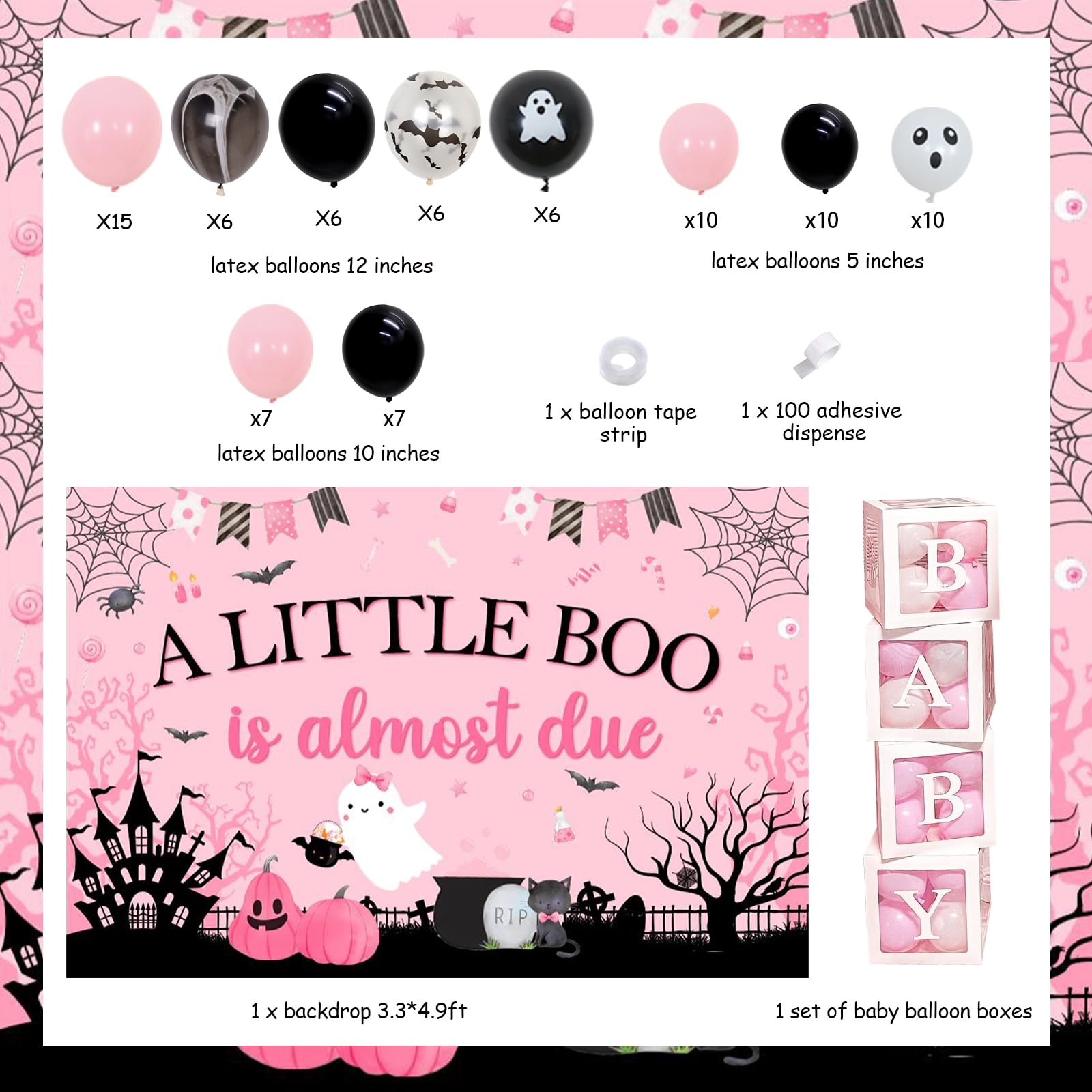 Halloween Baby Shower Decorations for Girl, A Little Boo is Almost Due Baby Shower Decorations, Halloween Balloon Garland with Baby Boxes for Pink Black Little Boo Party Decor