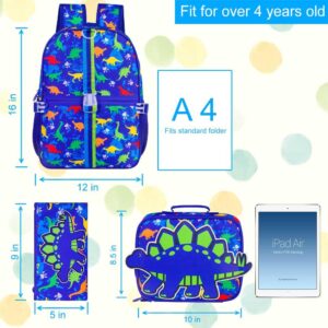 3PCS Dinosaur Backpack, 16" Boys Bookbag and Lunch Box for Kids, Preschool Backpacks for Elementary Students