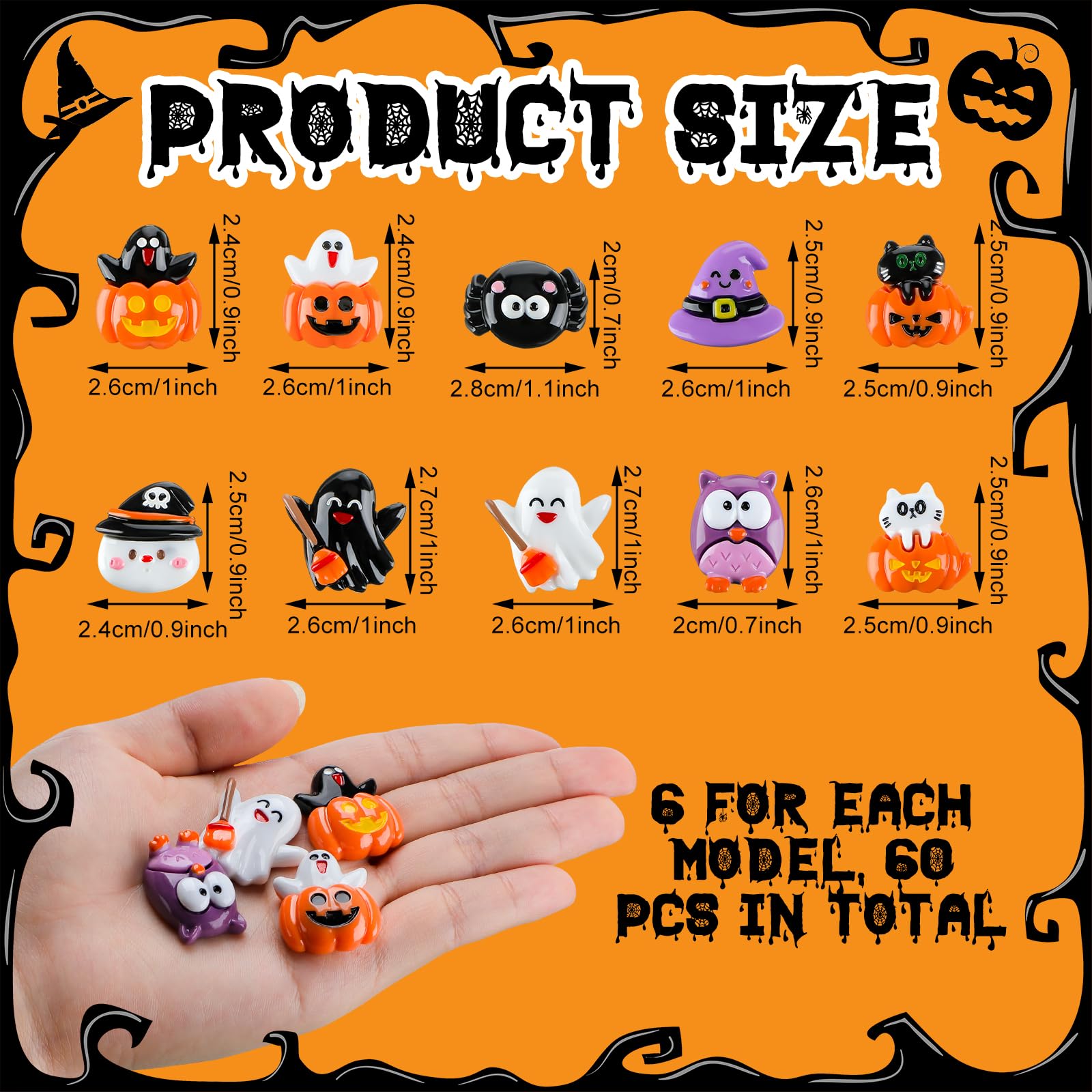 Liliful 60 Pcs Halloween Miniatures Garden Figurines Mini Resin Pumpkin Ghost Ornaments Mini Halloween Figures for DIY Garden Accessories Adornments Embellishment Decorations Party Supplies, 10 Styles