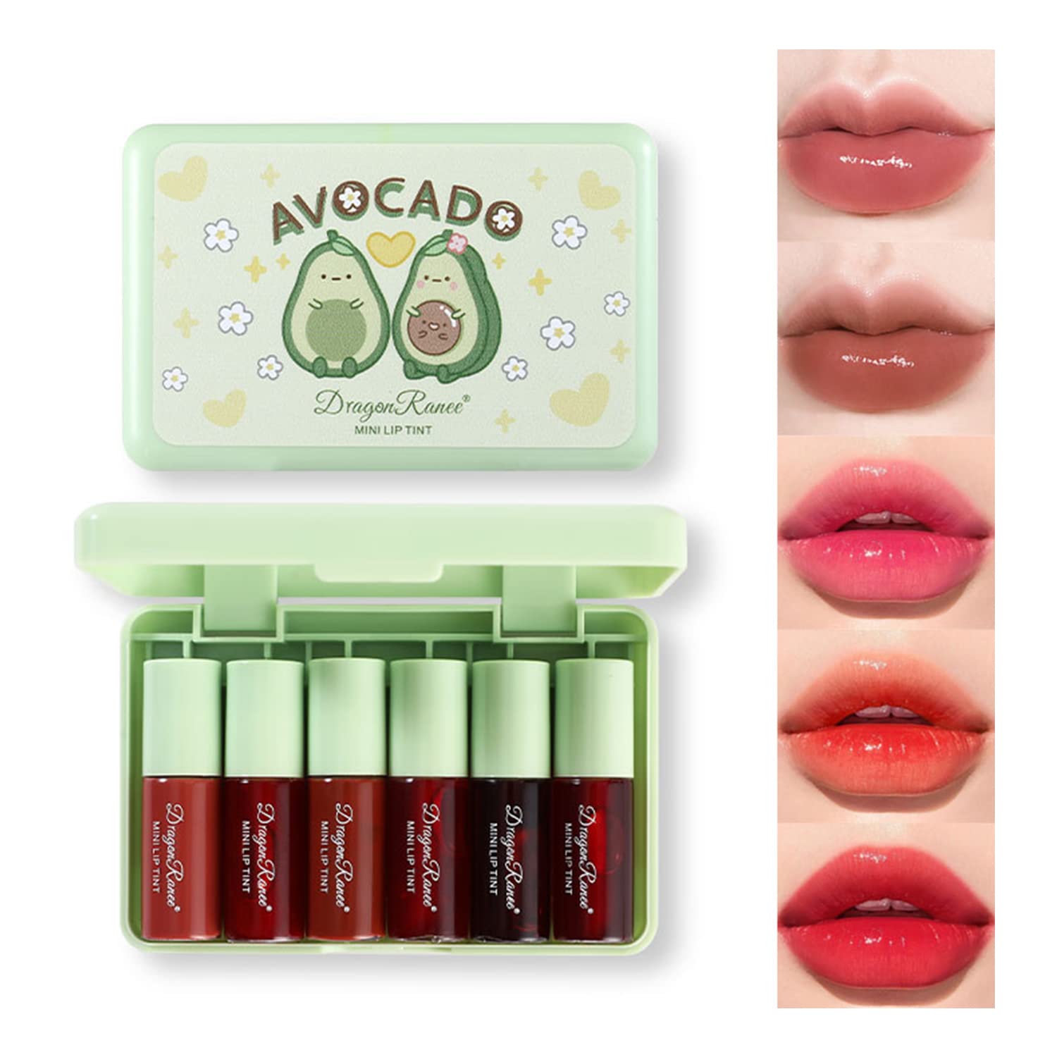 6 Colors Lip Tint Stain Set, Korean Velvet Water Lip Tint Moisturizing Mini Liquid Lipstick, Multi-Use Lip and Cheek Tint Stains Set, Long Lasting, Non-Stick Cup, High Pigment, Vivid Color (Avocado)