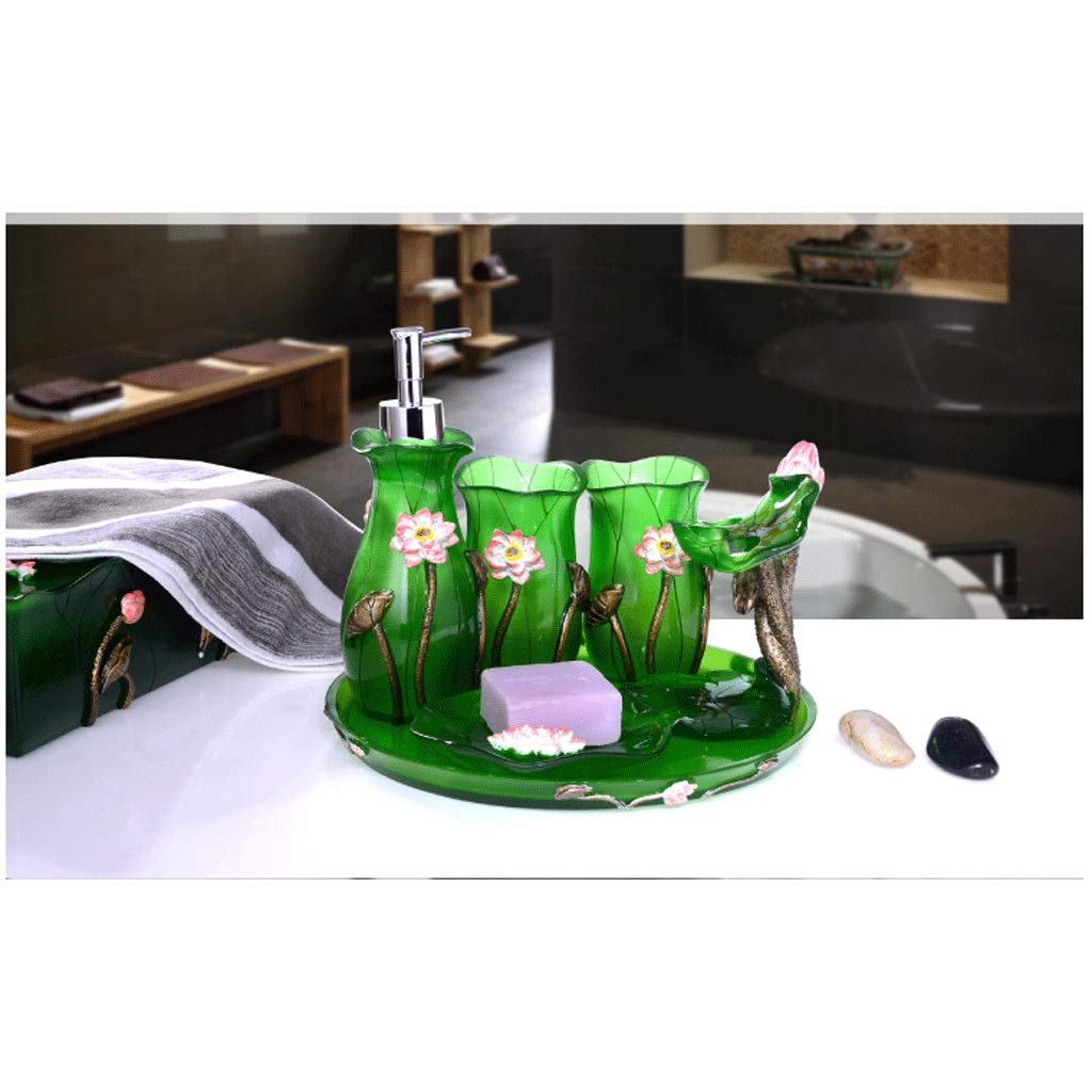 JHGCCL Countertop Soap Dispensers Bathroom Accessories Set,5/6 Piece Resin Bathroom Set,Soap Dispenser Toothbrush Holder,Soap Dish,2 Tumblers,Tray,Green Soap dispensers (5piece Set)