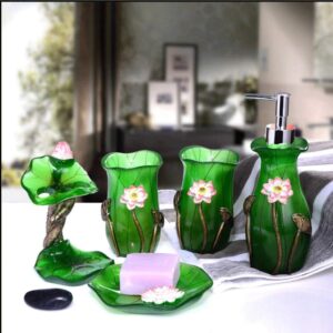 JHGCCL Countertop Soap Dispensers Bathroom Accessories Set,5/6 Piece Resin Bathroom Set,Soap Dispenser Toothbrush Holder,Soap Dish,2 Tumblers,Tray,Green Soap dispensers (5piece Set)