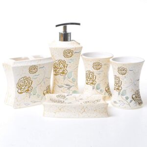 jhgccl countertop soap dispensers golden rose flower bathroom accessory set 5/6-piece bathroom set soap dispenser,toothbrush holder,tumbler,soap dish,bamboo tray soap dispensers (5piece bathroom set)