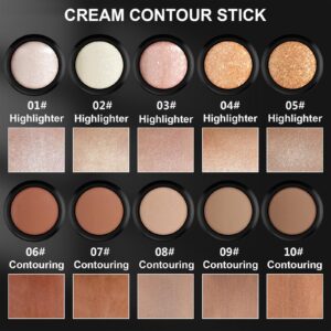 2Pcs Cream Contour Stick Makeup Kit, Cream Highlighter Stick and Bronzer Contour Stick with Longwear Waterproof Formula for Brightening and Trimming the Cheeks, Makeup Brush Include (#03, 09)