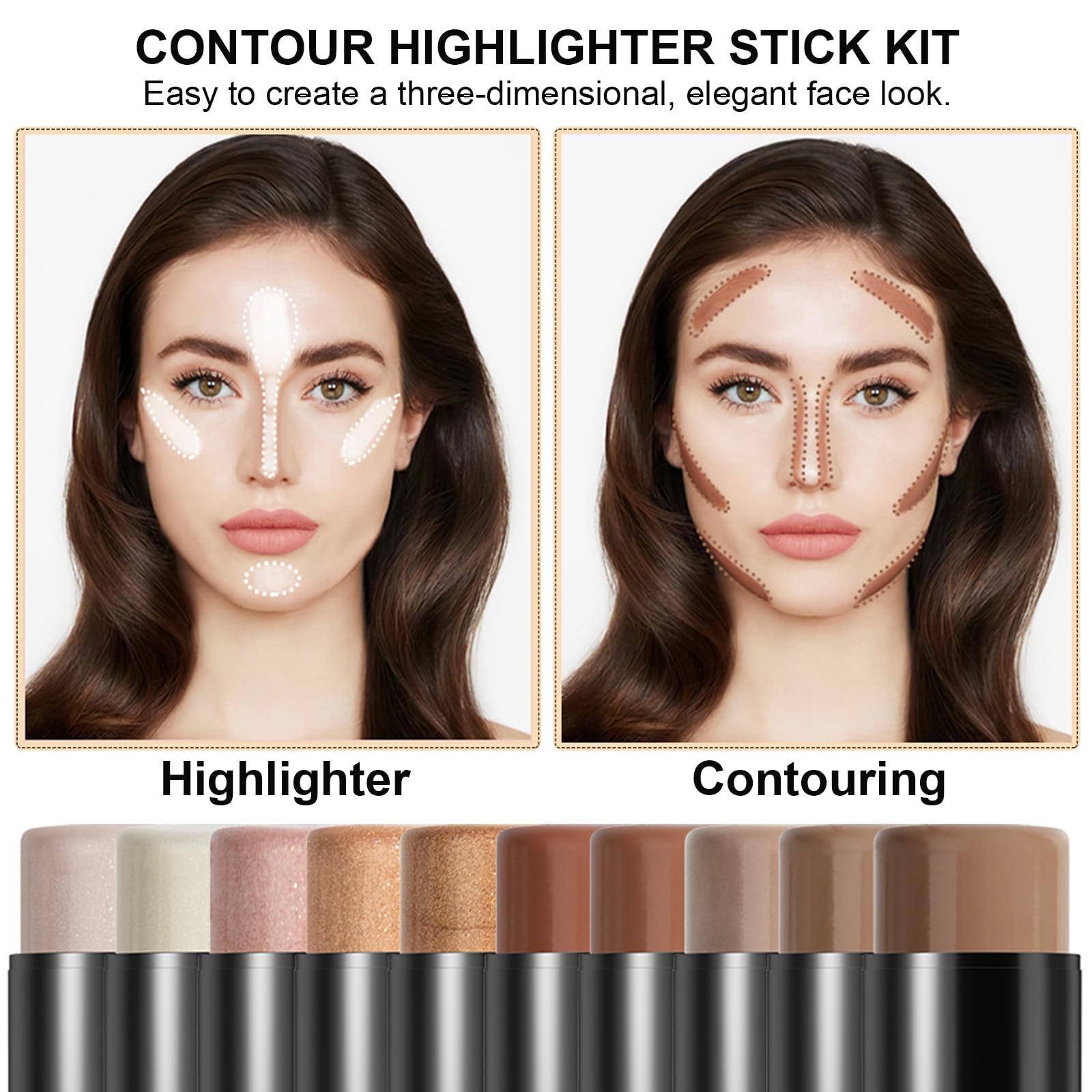 2Pcs Cream Contour Stick Makeup Kit, Cream Highlighter Stick and Bronzer Contour Stick with Longwear Waterproof Formula for Brightening and Trimming the Cheeks, Makeup Brush Include (#03, 09)