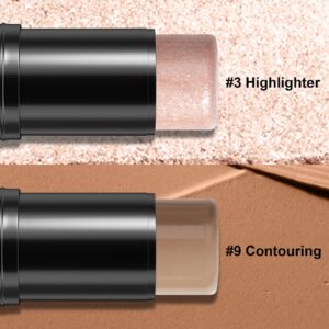 2Pcs Cream Contour Stick Makeup Kit, Cream Highlighter Stick and Bronzer Contour Stick with Longwear Waterproof Formula for Brightening and Trimming the Cheeks, Makeup Brush Include (#03, 09)