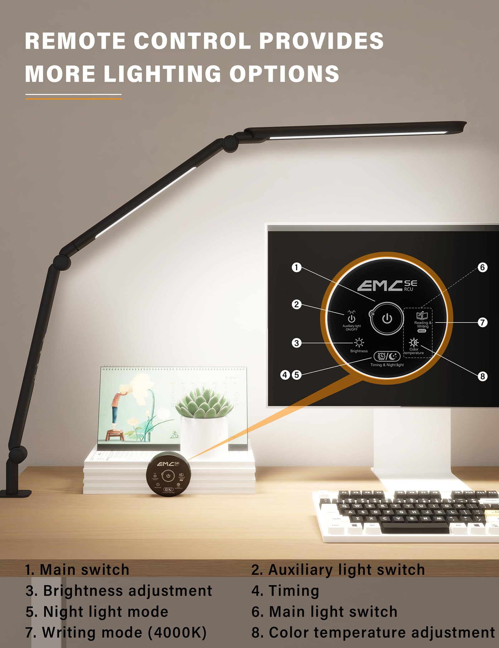 Homlife LED Desk Lamp, Dual Light Sources Desk Lamp for Home Office Dorm, Stepless CCT and Brightness Control with Remote, Adjustable Swing Arm