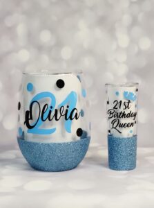 glitter birthday wine glass, glitter birthday shot glass, age + name (wine + shot)