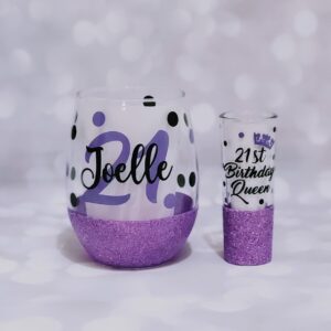 Glitter Birthday Wine Glass, Glitter Birthday Shot Glass, Age + Name (Wine + Shot)