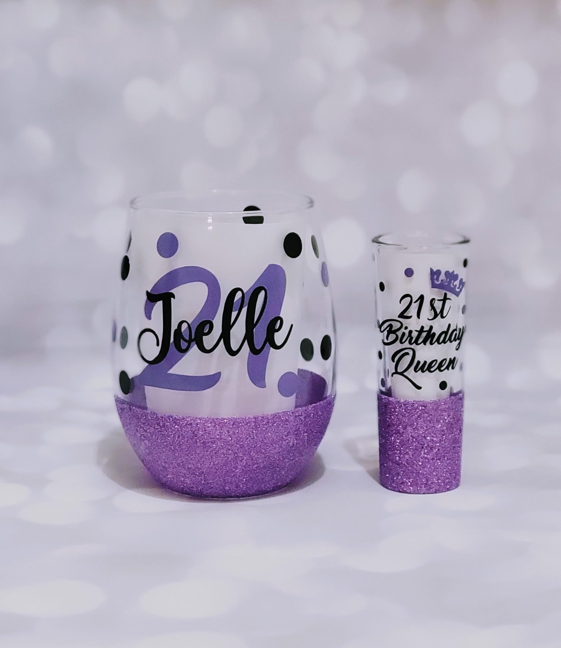 Glitter Birthday Wine Glass, Glitter Birthday Shot Glass, Age + Name (Wine + Shot)