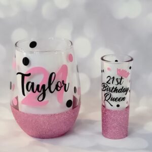 Glitter Birthday Wine Glass, Glitter Birthday Shot Glass, Age + Name (Wine + Shot)