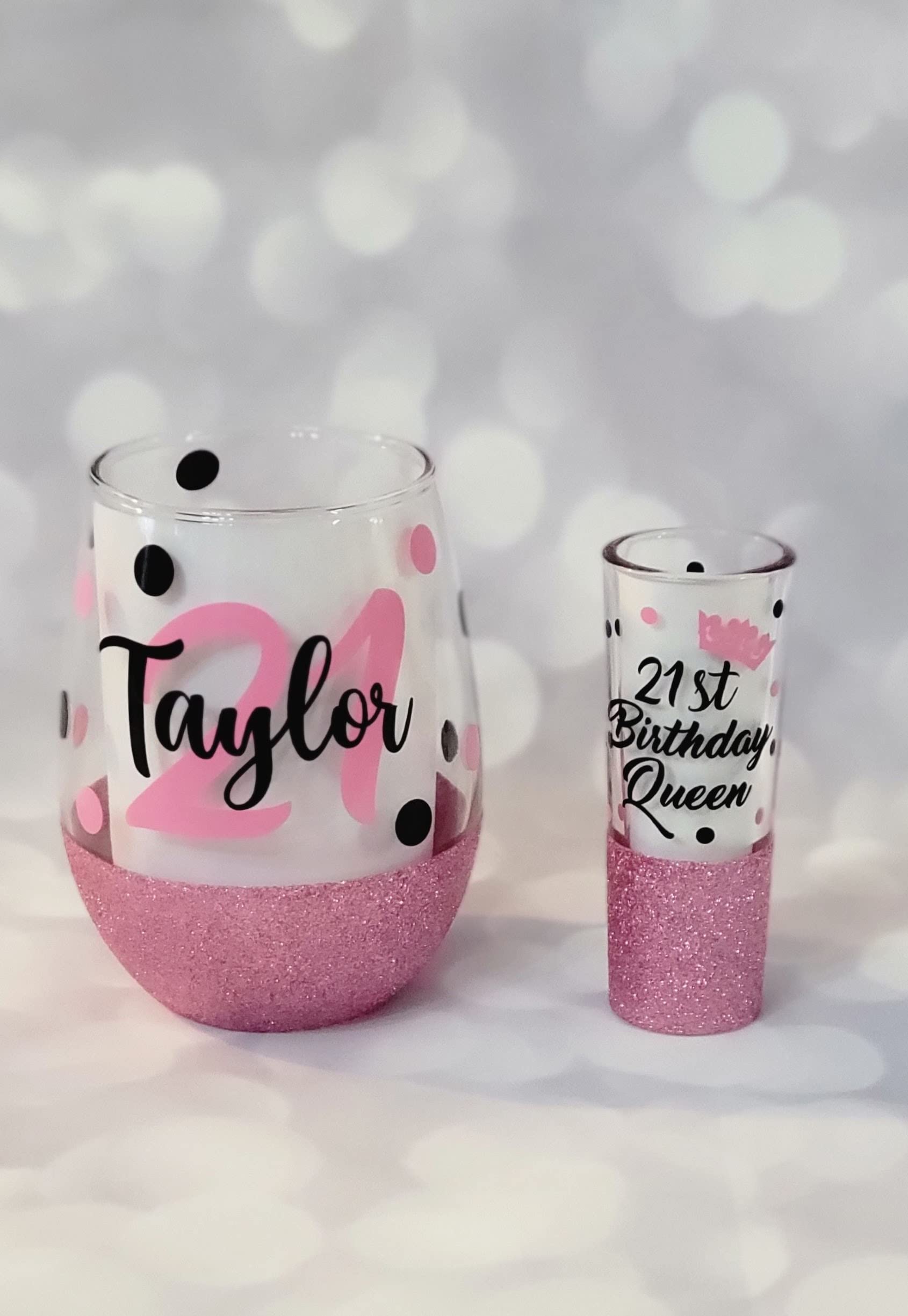 Glitter Birthday Wine Glass, Glitter Birthday Shot Glass, Age + Name (Wine + Shot)