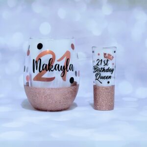 Glitter Birthday Wine Glass, Glitter Birthday Shot Glass, Age + Name (Wine + Shot)