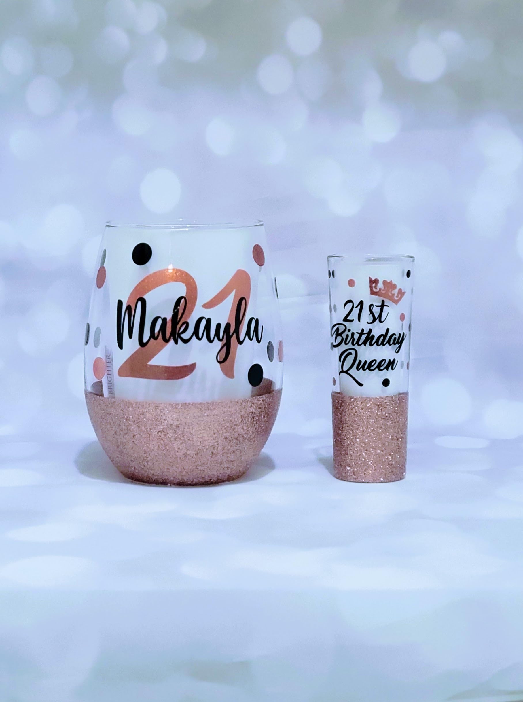 Glitter Birthday Wine Glass, Glitter Birthday Shot Glass, Age + Name (Wine + Shot)