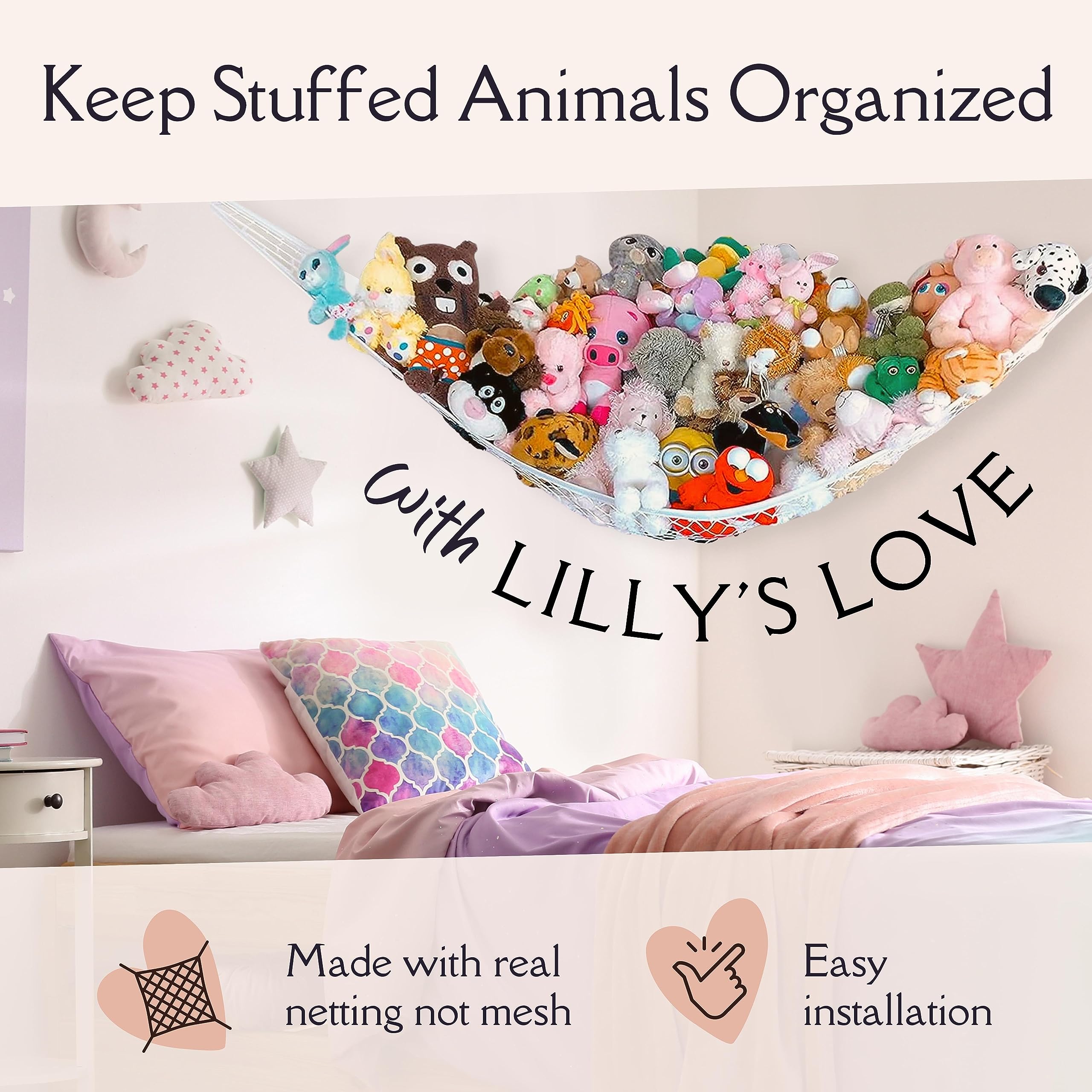 Lilly's Love Large Stuffed Animal Net Hammock for Plushie Toys | Corner Hanging Organizer for your Teddy and Stuffy Collection | Easy to Hang w/Included Anchors & Hooks - Light Blue