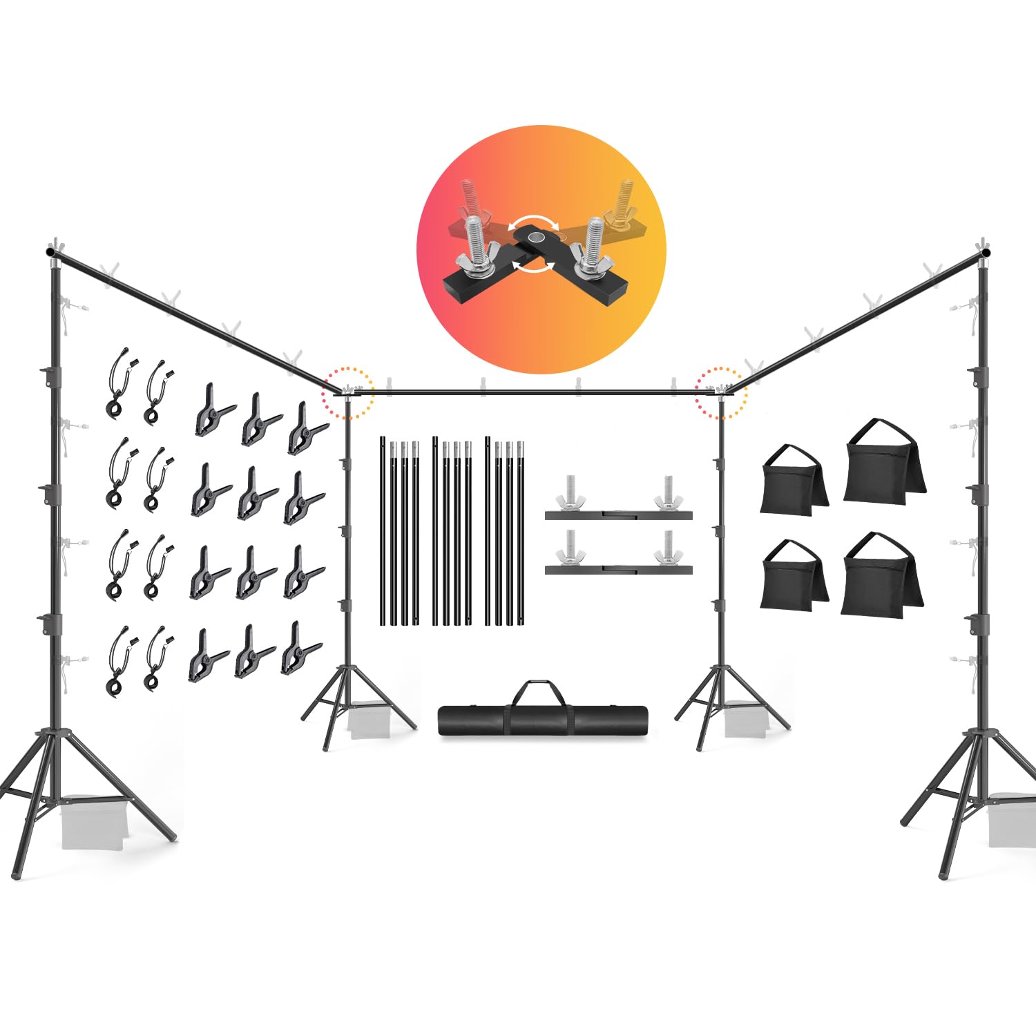 LimoStudio (Heavy Duty) 30 ft. Max Wide x 10 ft. Max Tall Backdrop Stand Background Support System, 360° Rotatable Angle Adjustable Crossbar Joint, Spring Clamp, Elastic String Holder Clip, AGG3354