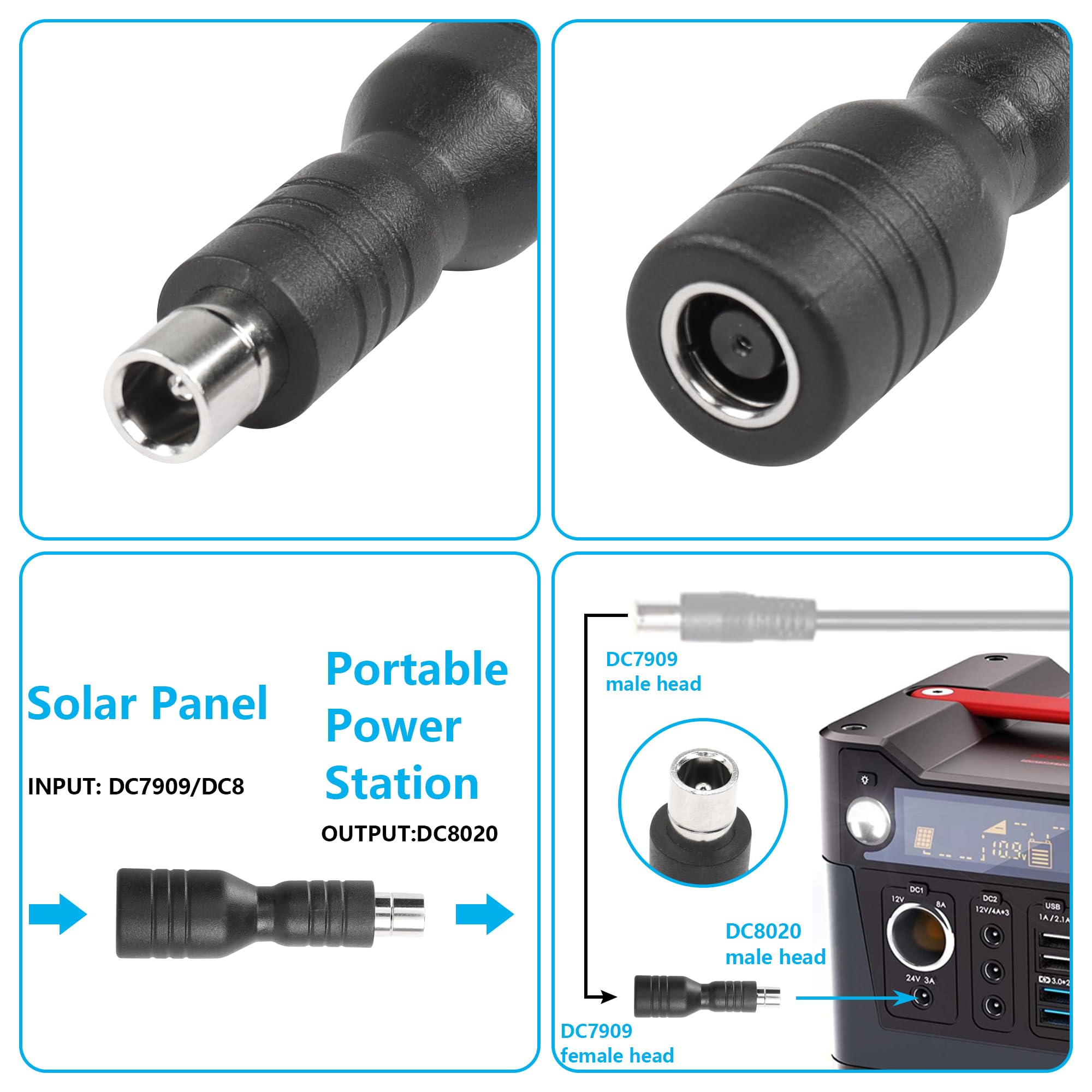 SinLoon DC7909 to DC8020 Adapter, DC7909 Female to DC8020 Male Connector Adapter,for 100W 150W 180W 200W Solar Panel, Compatible with Solar Power Station Explorer Series 1500(2 PCS)