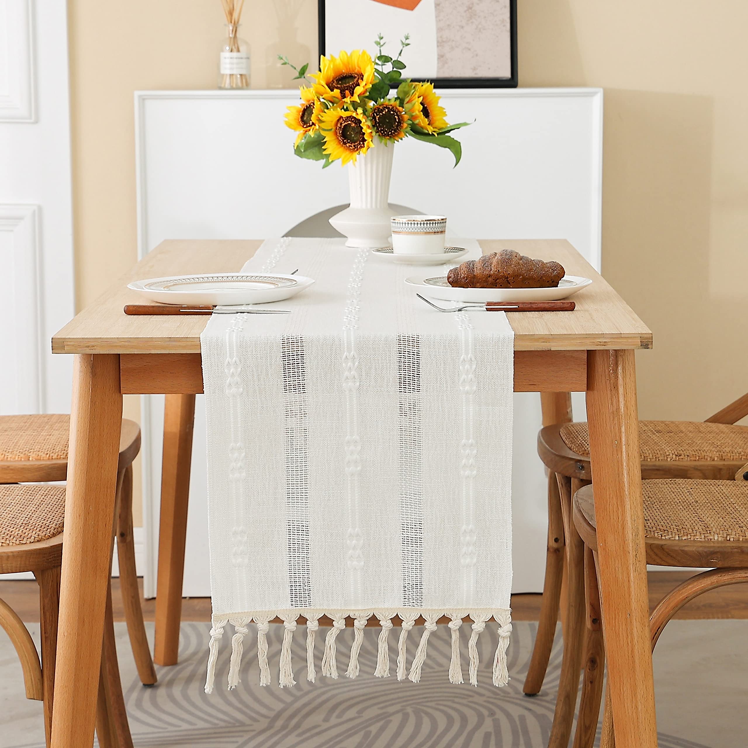 Rustic Linen Table Runner Farmhouse Striped Embroidered Boho 48 Inches Long Table Runners Hollow Handmade Woven Tassel for Kitchen Dining Holiday Wedding Party Home Decor ( White, 14" W X 48" L)