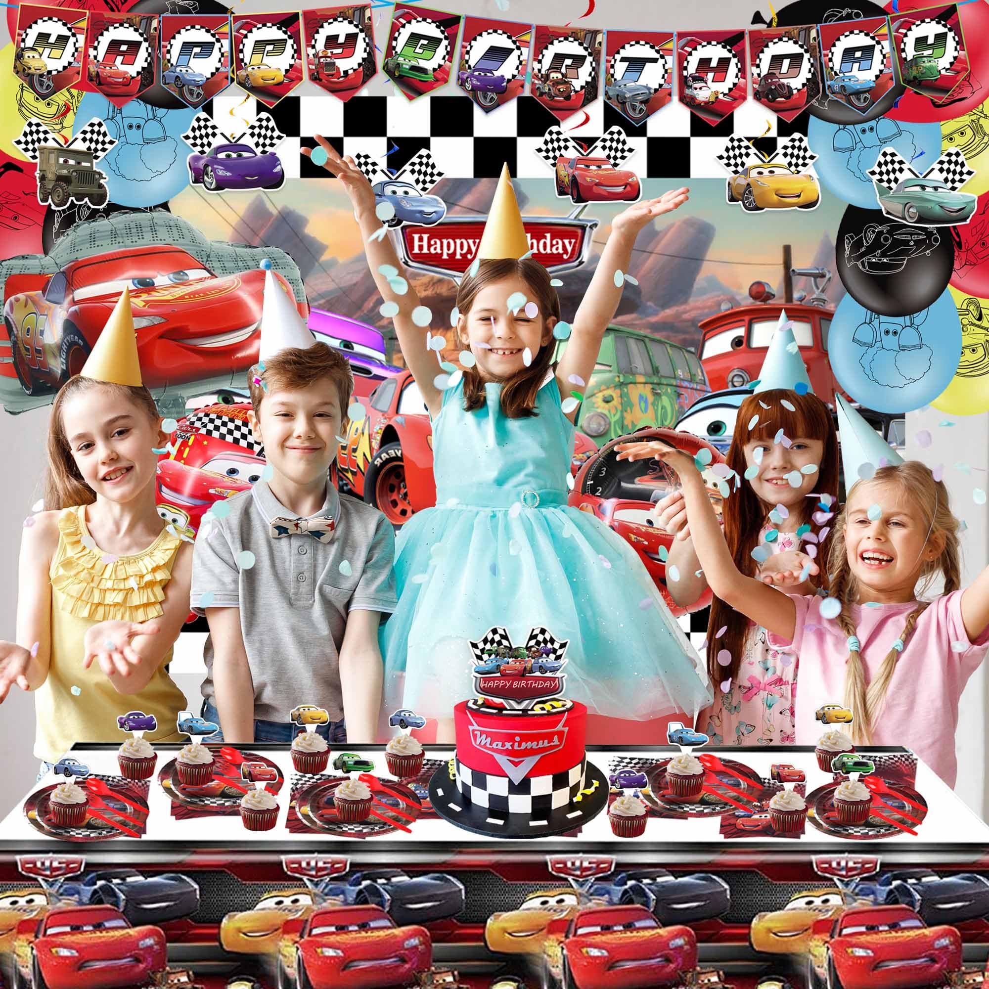 Cars Birthday Party Supplies, Lightning McQueen Birthday Party Supplies Decorations Include Banner, Foil Balloons, Tablecloth, Plates, Backdrop and Forks for Kids